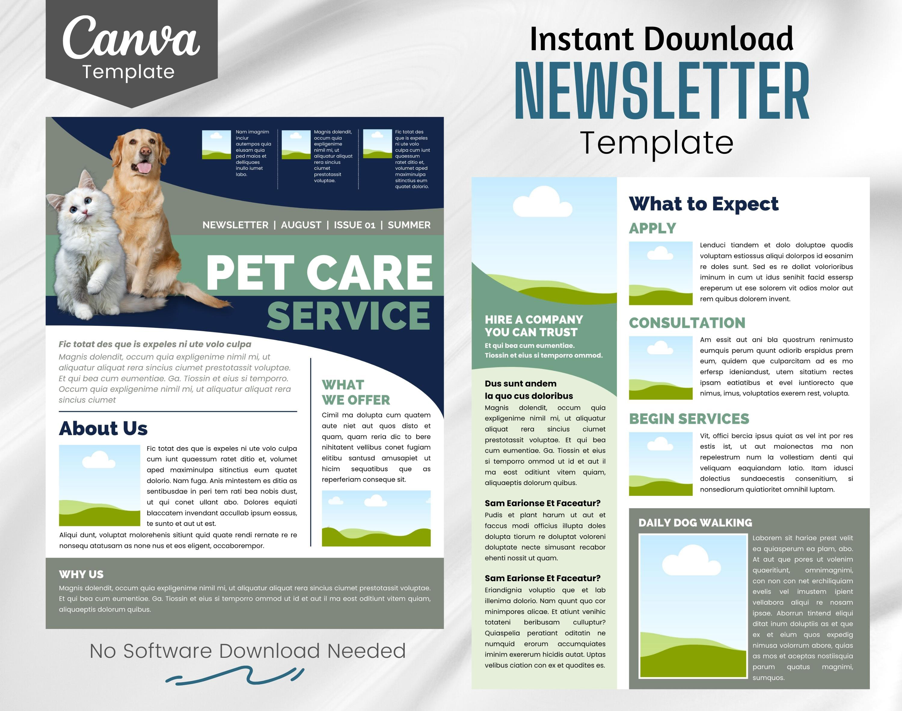 Pet Care Newsletter Template: Editable Canva Design (digital Download ...