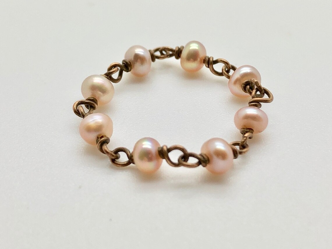 Pink Pearl & Bronze Stackable Chain Ring - Etsy