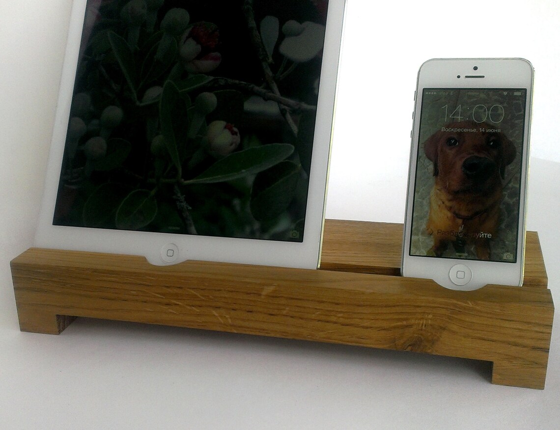 Dual iPhone iPad Wood Desk Stand Holder, Smartphone Tablet Wooden Stand ...