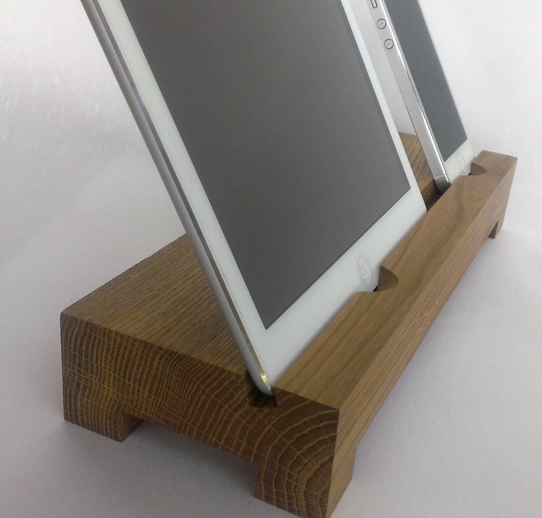 Dual iPhone iPad Wood Desk Stand Holder, Smartphone Tablet Wooden Stand ...