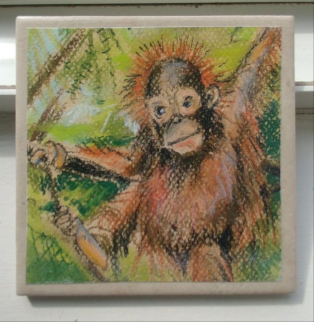 Baby Orangutan Art Tile: Whimsical Monkey Wall Decor - Etsy