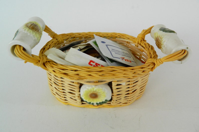 Lot of Vintage Sugar Salt and Pepper Sachets in a Rustic Basket ...
