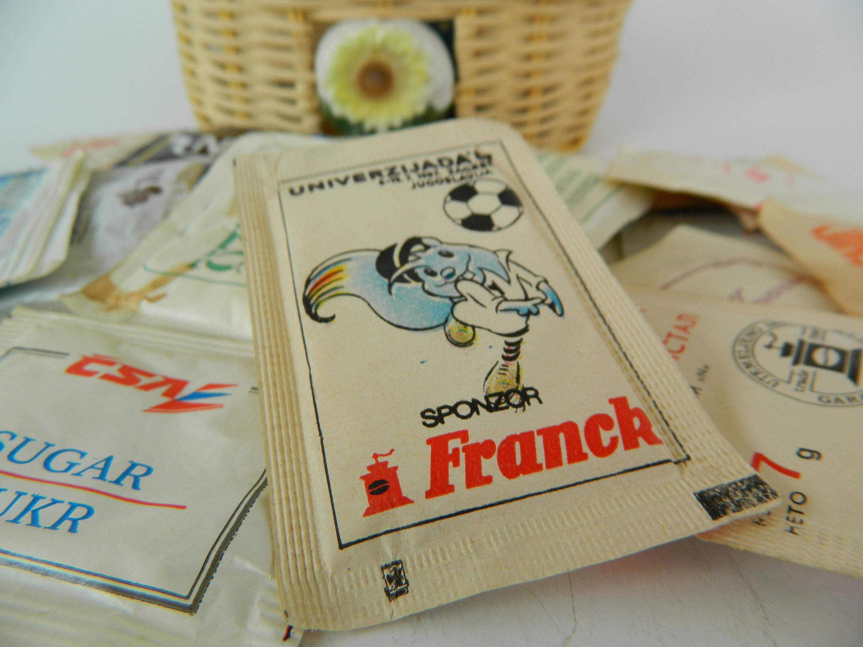 Lot of Vintage Sugar Salt and Pepper Sachets in a Rustic Basket ...