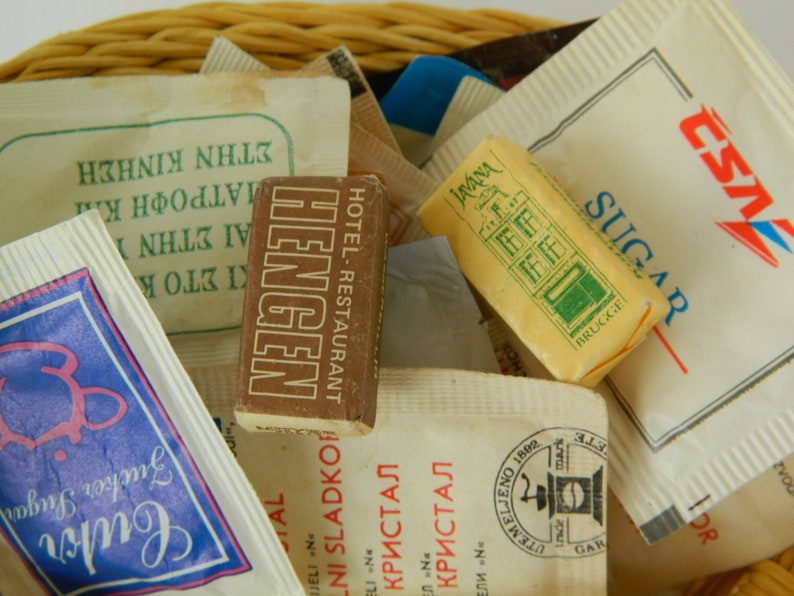 Lot of Vintage Sugar Salt and Pepper Sachets in a Rustic Basket ...