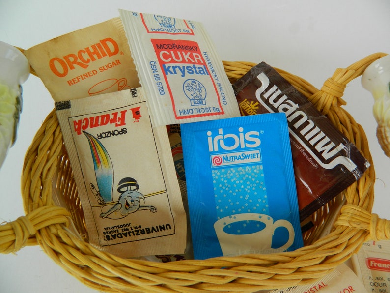 Lot of Vintage Sugar Salt and Pepper Sachets in a Rustic Basket ...