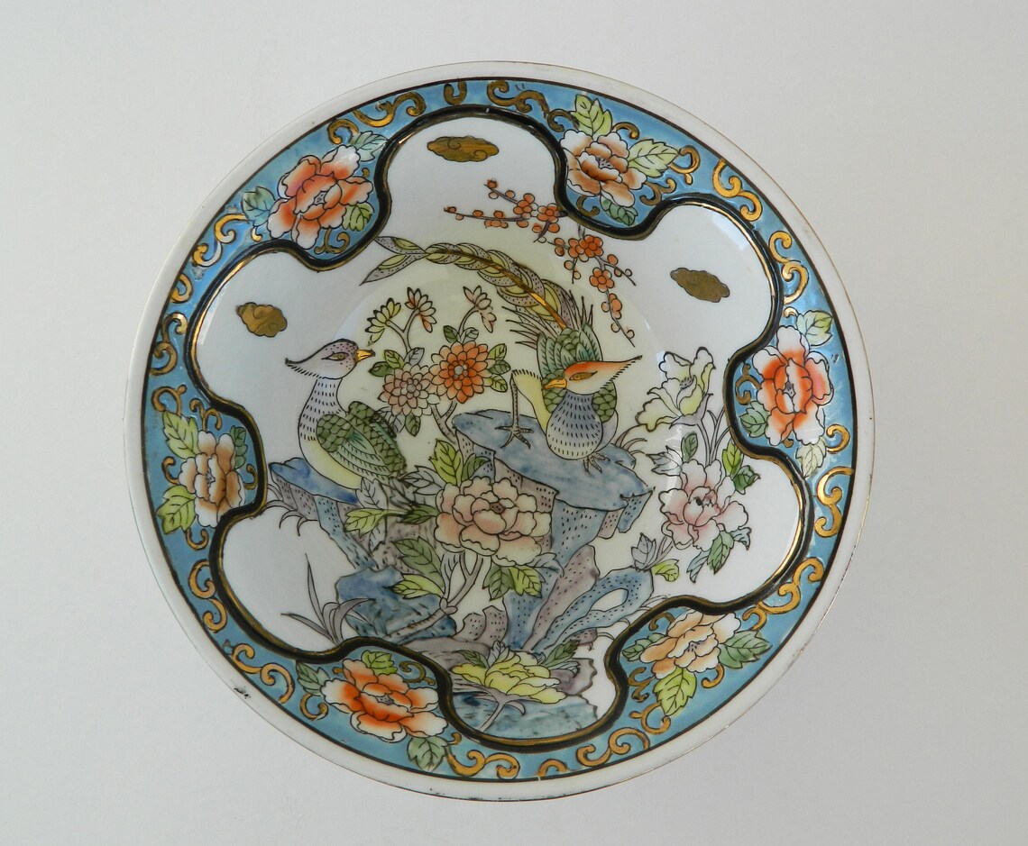 Vintage Gold Imari Hand Painted Green Peacock Porcelain Bowl, Gold ...
