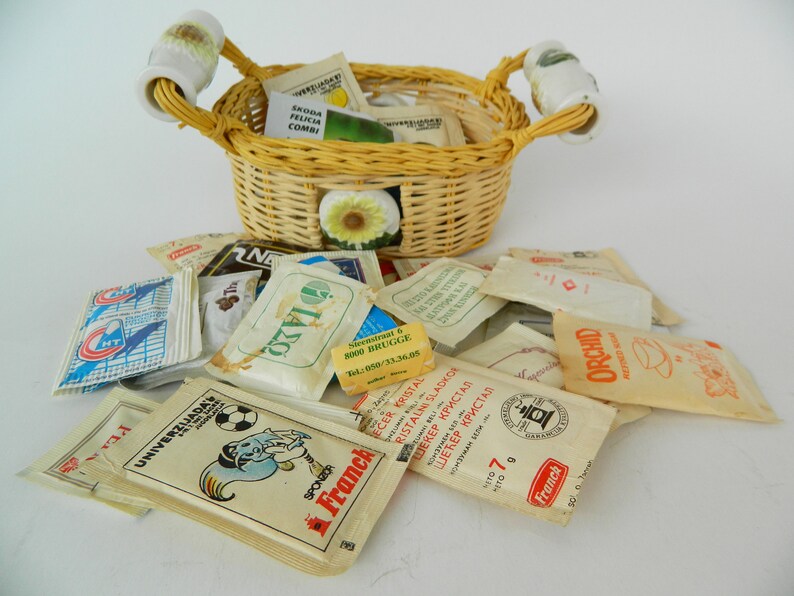 Lot of Vintage Sugar Salt and Pepper Sachets in a Rustic Basket ...