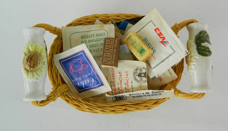 Lot of Vintage Sugar Salt and Pepper Sachets in a Rustic Basket ...