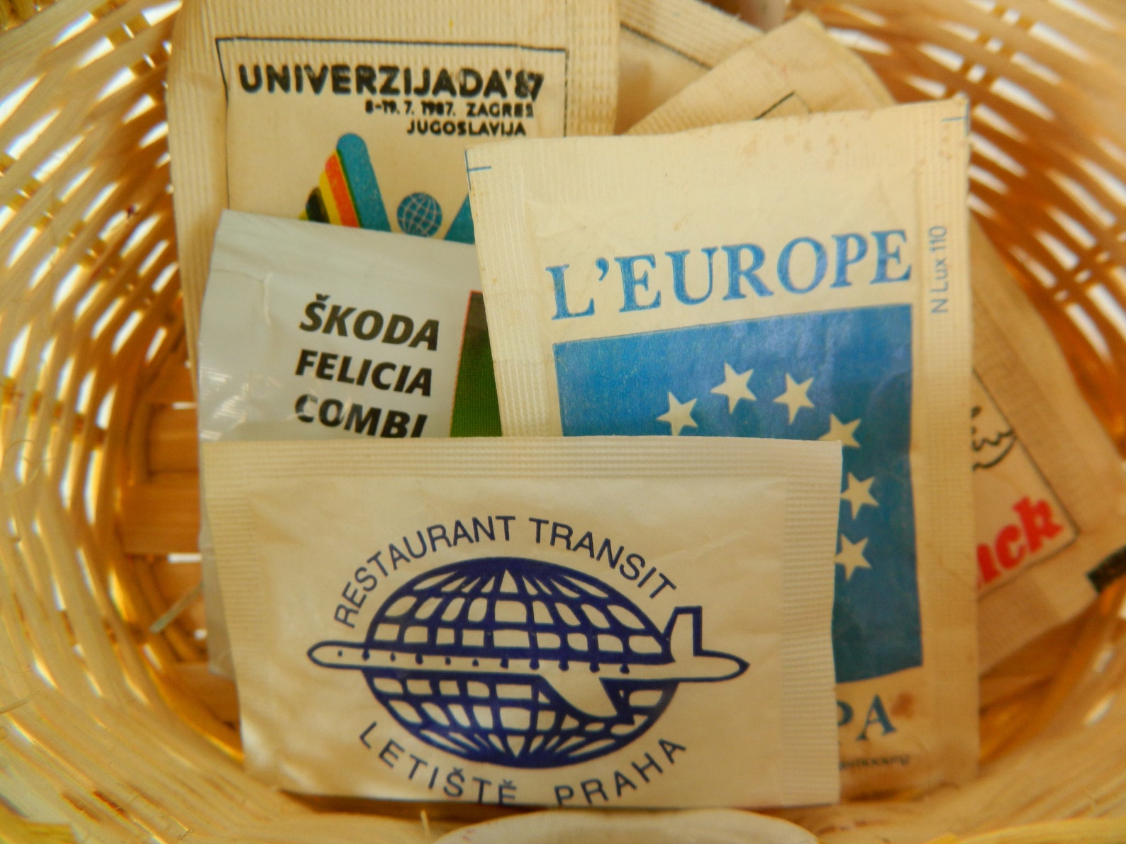 Lot of Vintage Sugar Salt and Pepper Sachets in a Rustic Basket ...