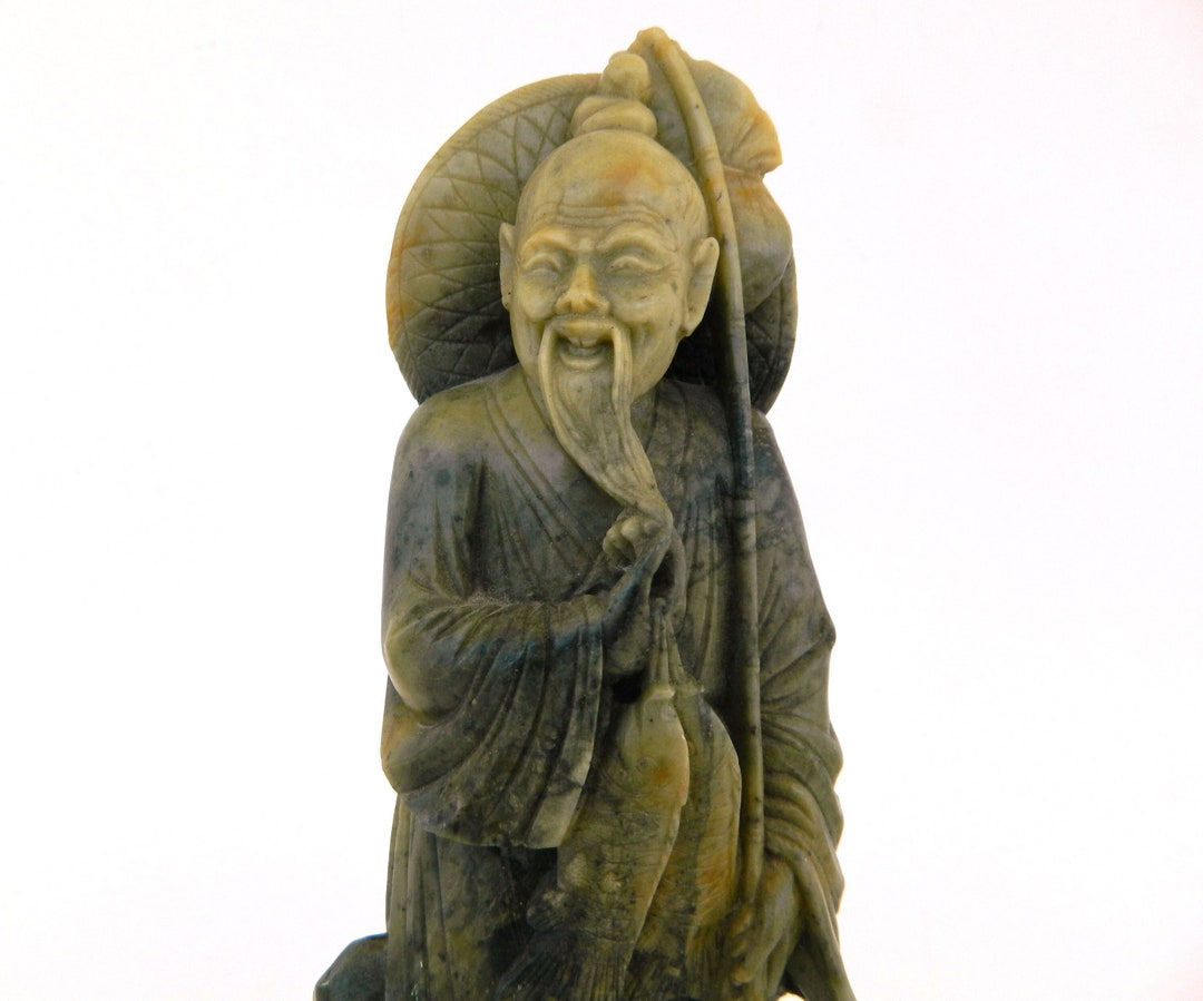 Antique Jade Chinese Fisherman Statue Carving, Hand Carved Jade Stone ...