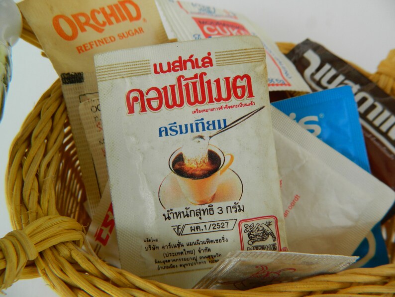 Lot of Vintage Sugar Salt and Pepper Sachets in a Rustic Basket ...