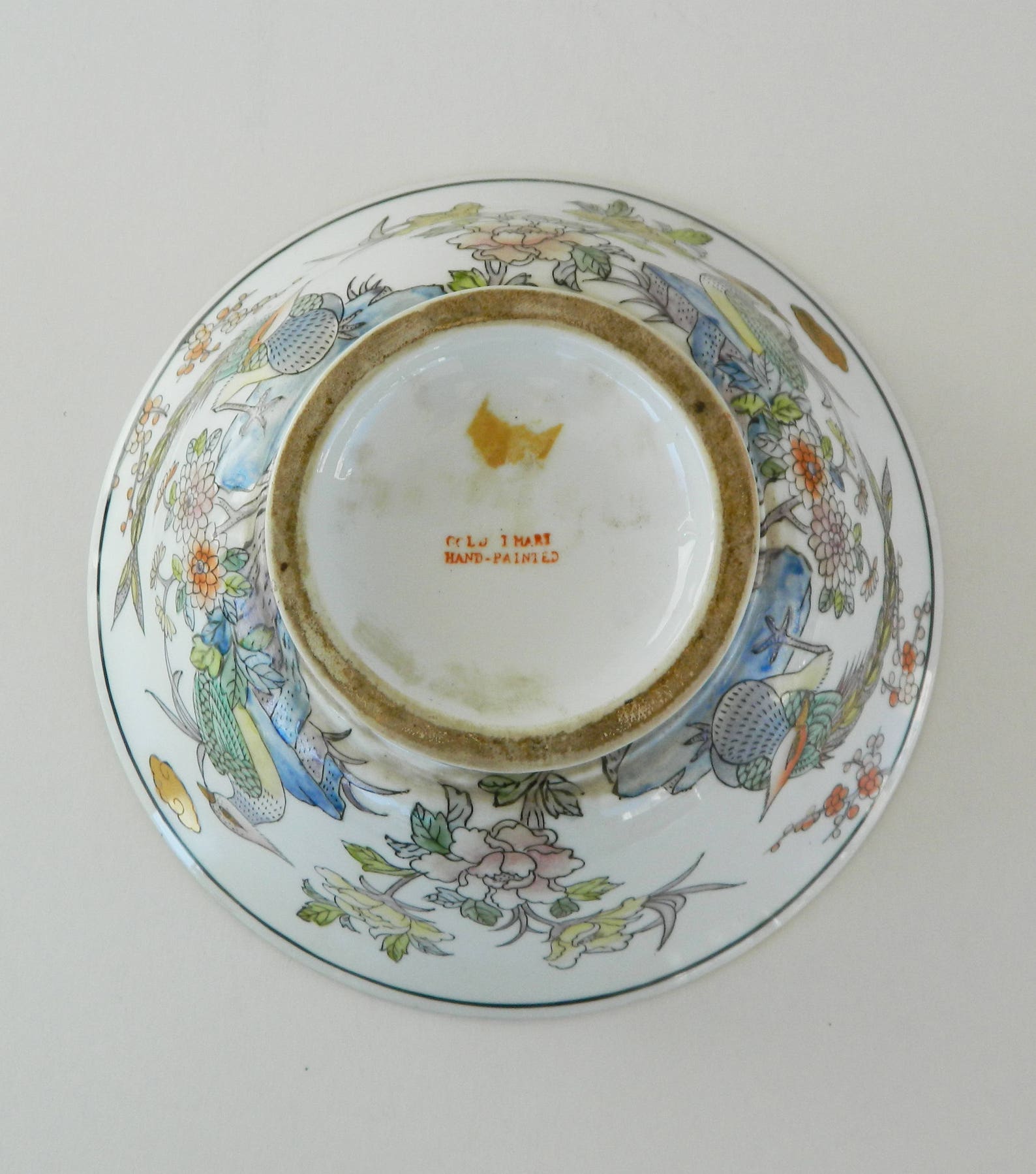 Vintage Gold Imari Hand Painted Green Peacock Porcelain Bowl, Gold ...