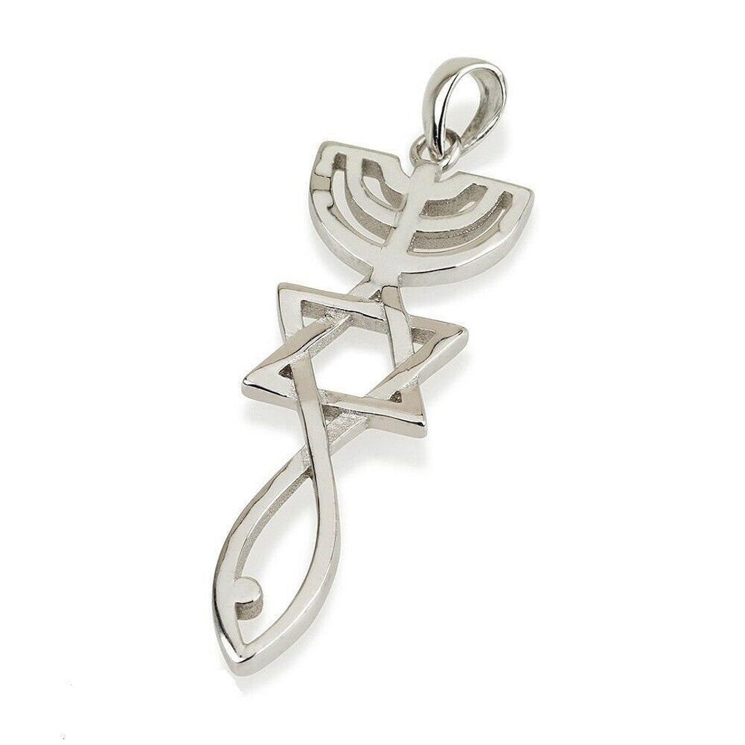 Silver 925 GRAFTED IN MESSIANIC 39mm Pendant, Menorah, Fish, Israel ...