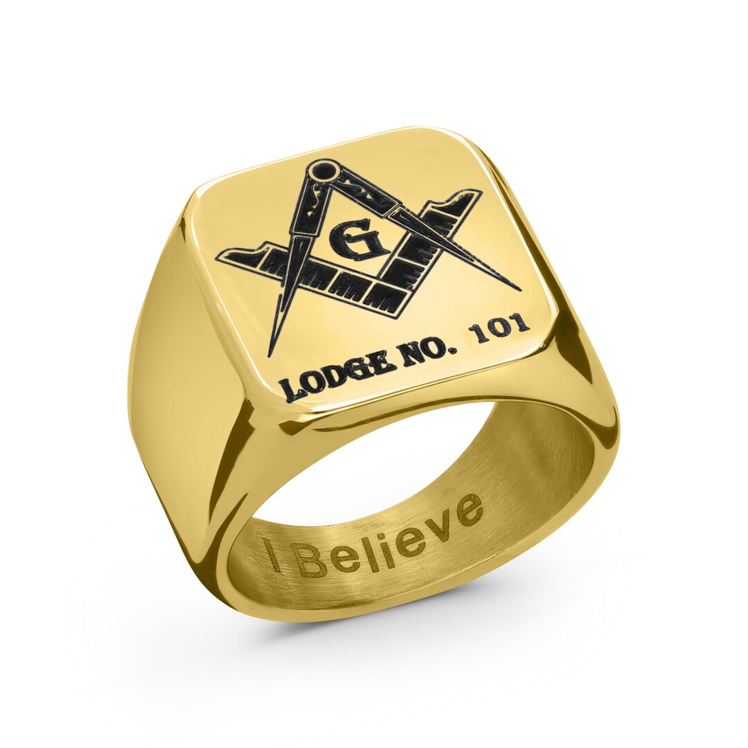 18K Gold / 925 Silver Freemason Thick Ring, Masonic Ring With LODGE ...