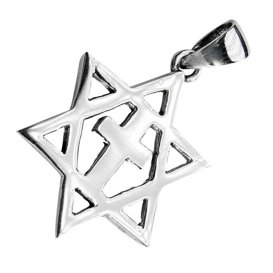 Silver 925 MESSIANIC Star of David & Cross Combined LARGE Israel Gift ...
