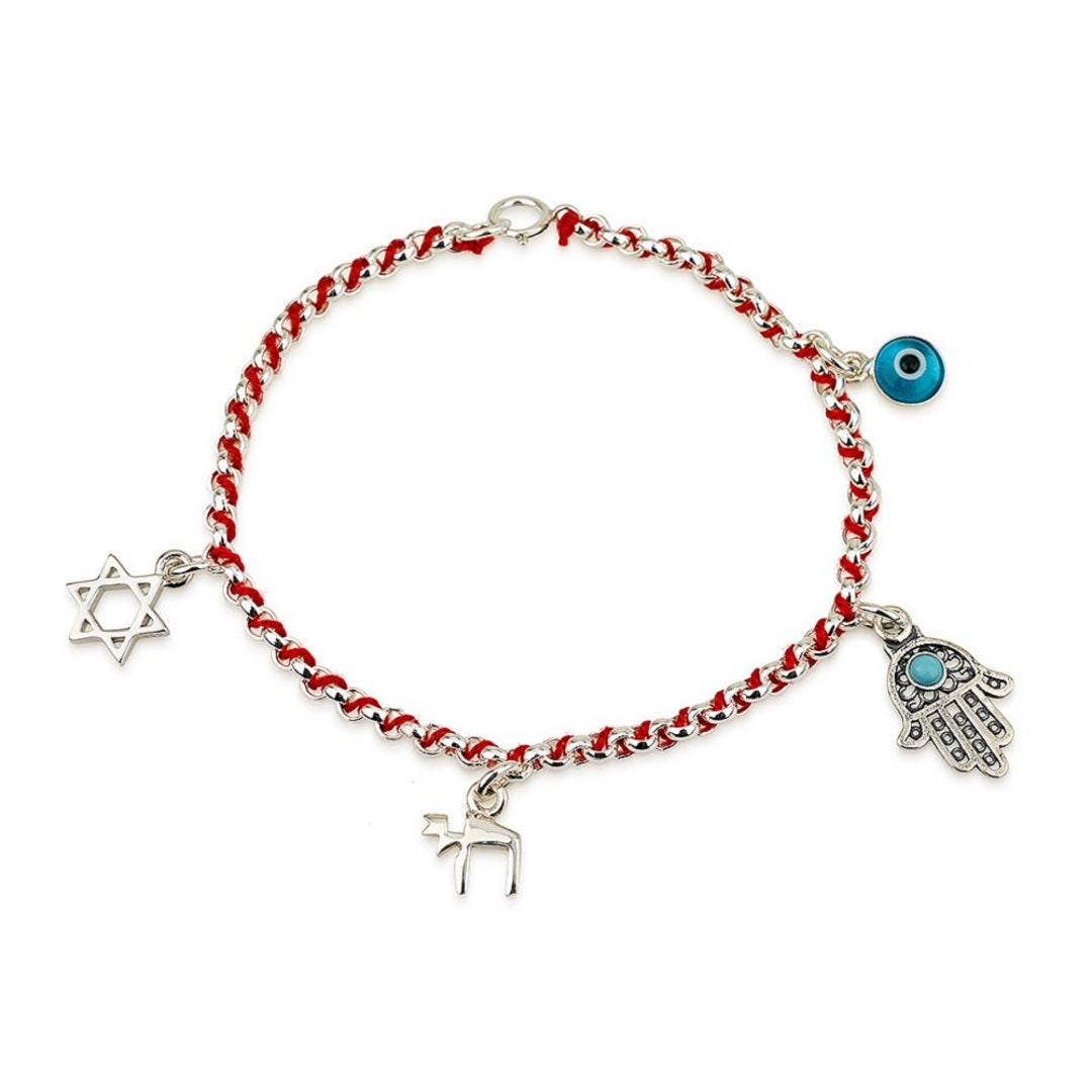 Red Wool Thread String Bracelet With 4 Jewish Judaica Silver 925 ...