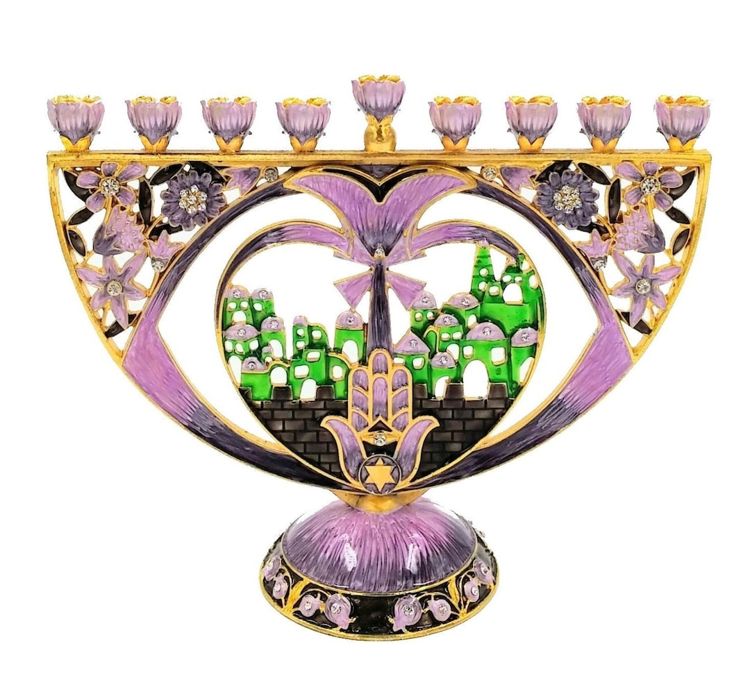 14K Gold & Purple Enamel NINE BRANCH CHANUKIA Pomegranate With Hand ...