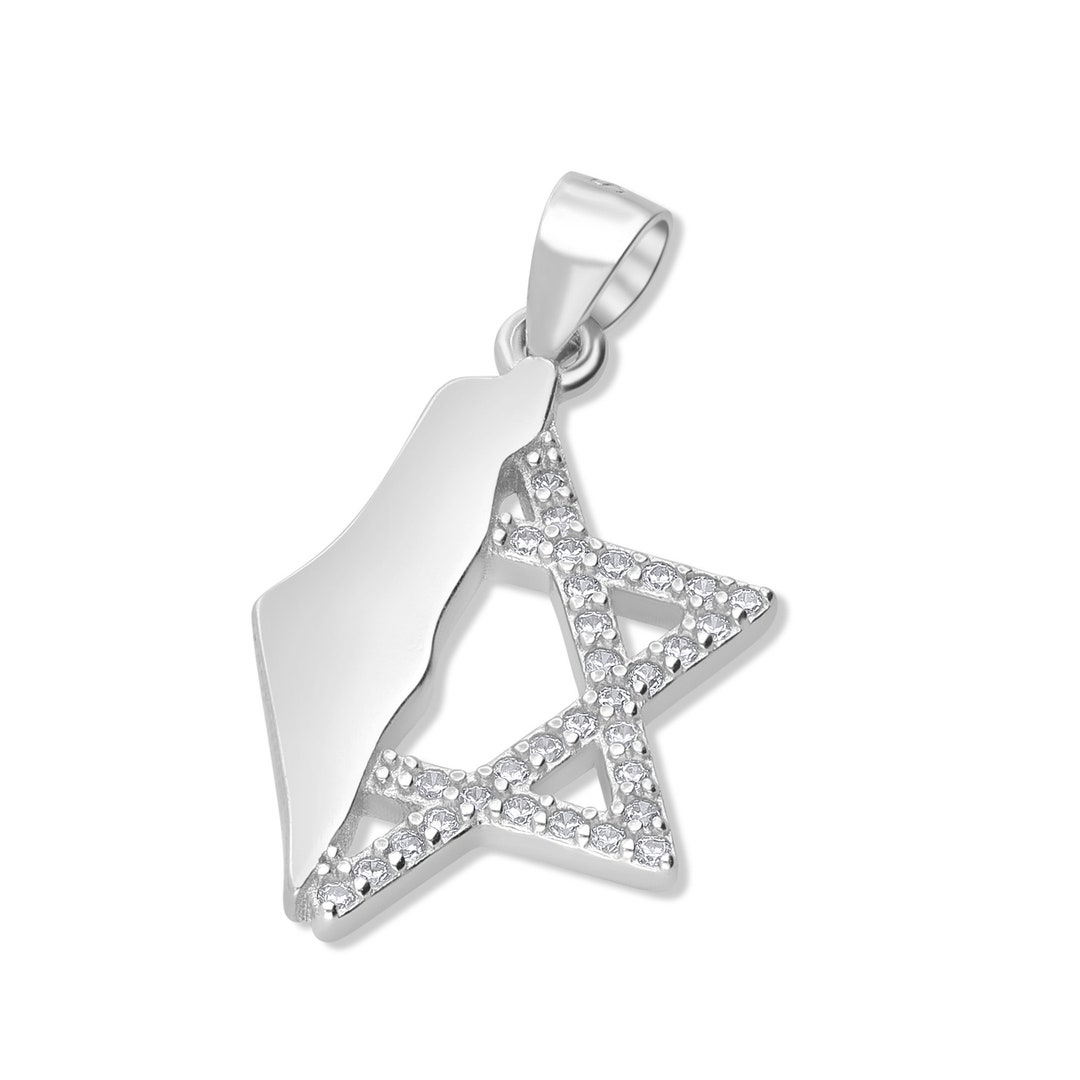 Silver 925 ISRAEL MAP October 7 Pendant Half Israel Map & Half Star of David With Zircons ...