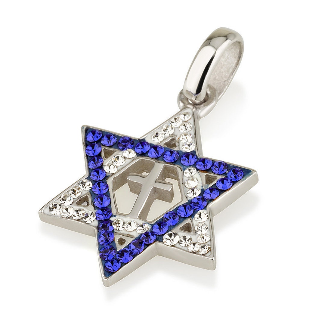 Silver 925 & Swarovski Stones MESSIANIC Star of David With Cross ...