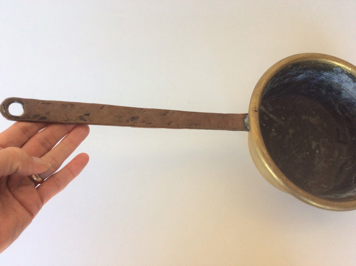 Antique brass and copper saucepan a French long handled pan | Etsy