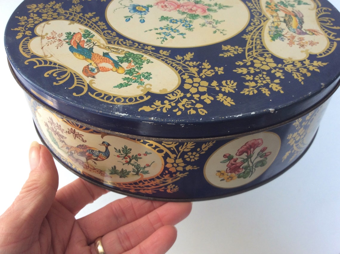 Vintage Round Storage Tin a Blue and Gold Cake Tin | Etsy