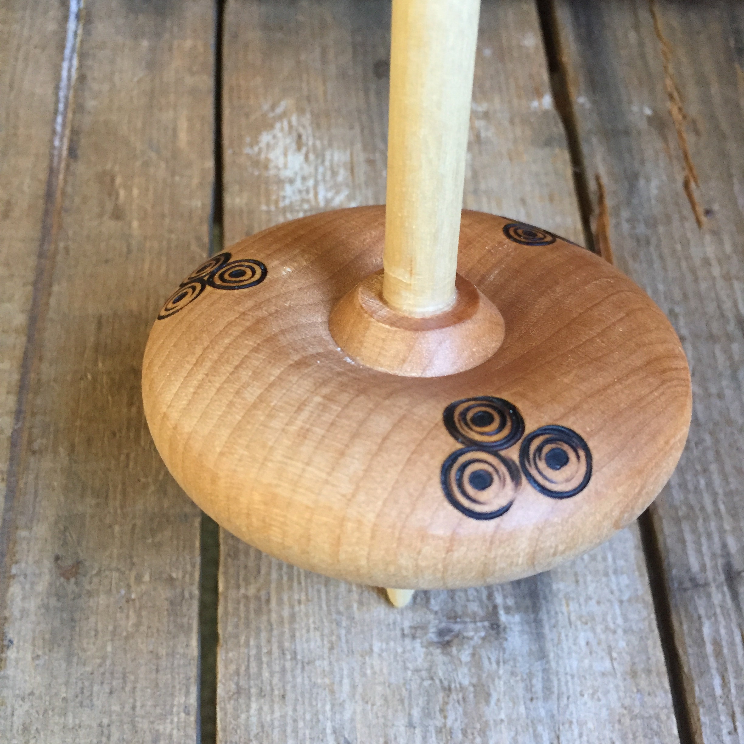 Art Yarn Drop Spindle W/fiber, Wood Burned Spiral Design, Bottom Whorl ...