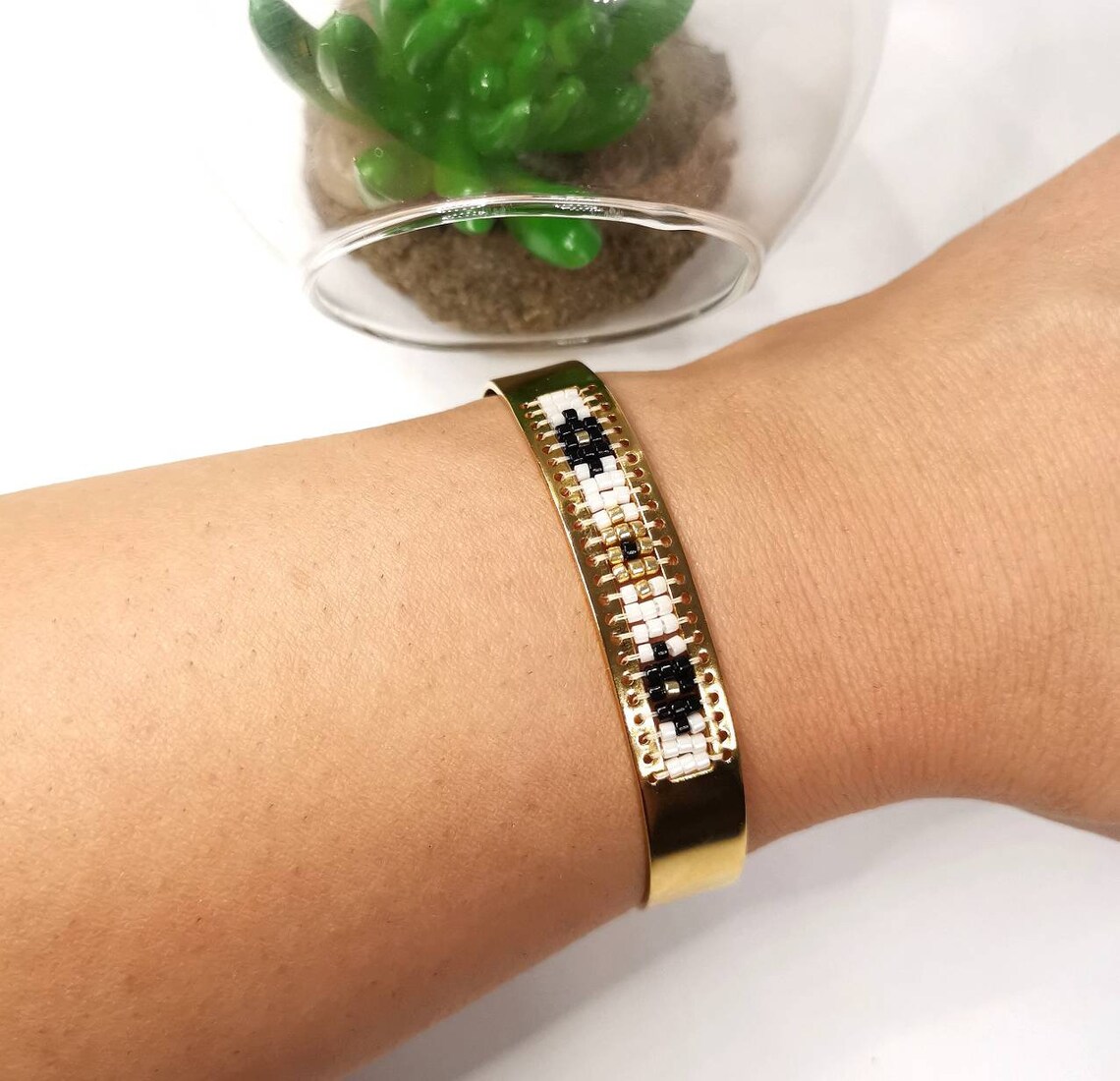 Golden Adjustable Rush Bracelet Woven With Black, Gold and Pearly White ...