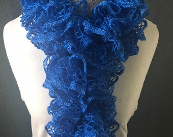 Ruffle Scarf Navy Turquoise Colored Knit Scarf Hand Knit Scarf - Etsy