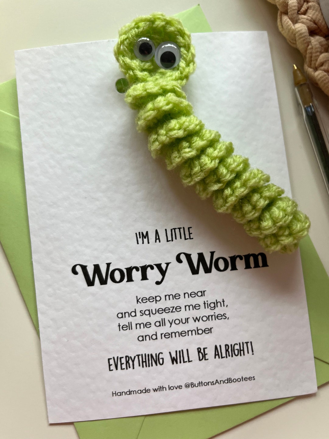 Handmade Worry Worm Crochet Token on Printed Card With a Lovely Message ...