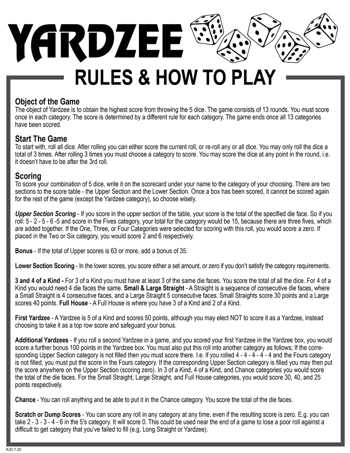 YARDZEE GAME KIT - Decal, Dice, Score Card W Instructions, Clipboard ...