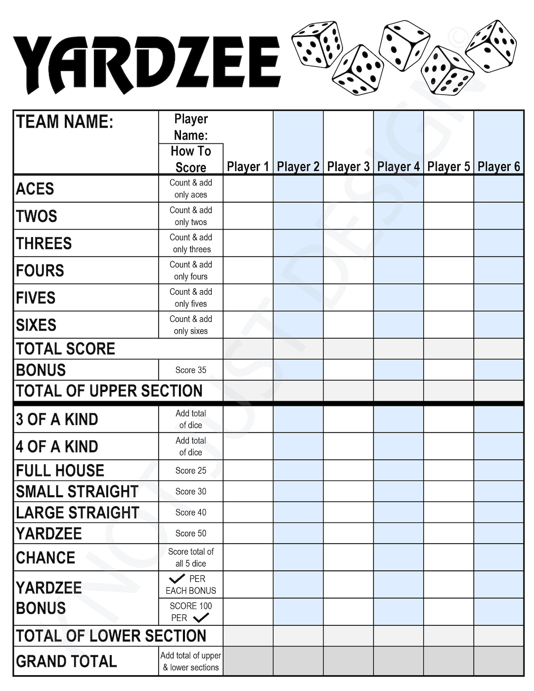 Yardzee Digital Score Card & Rules. Printable, Instant Download Digital ...