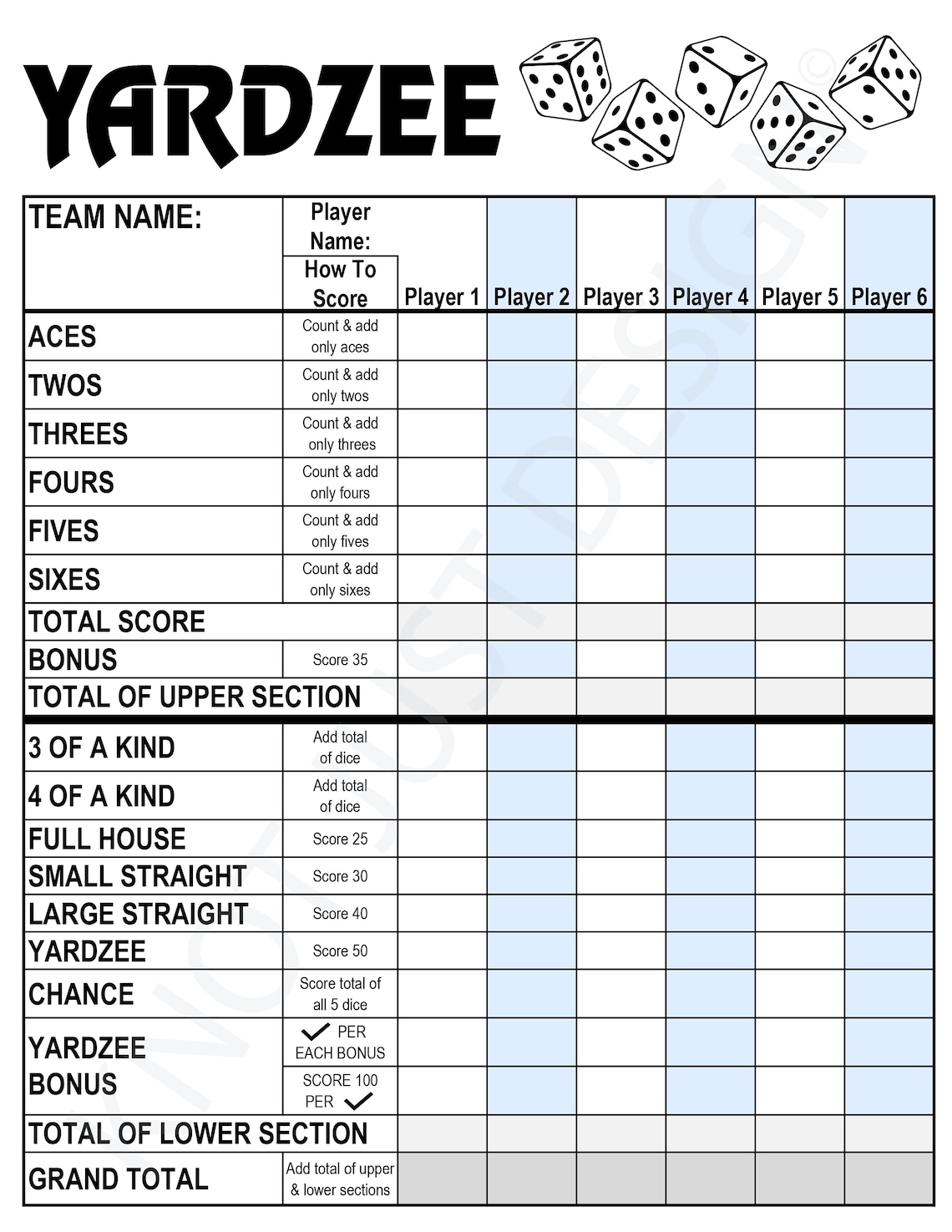 YARDZEE GAME KIT - Decal, Dice, Score Card W Instructions, Clipboard ...