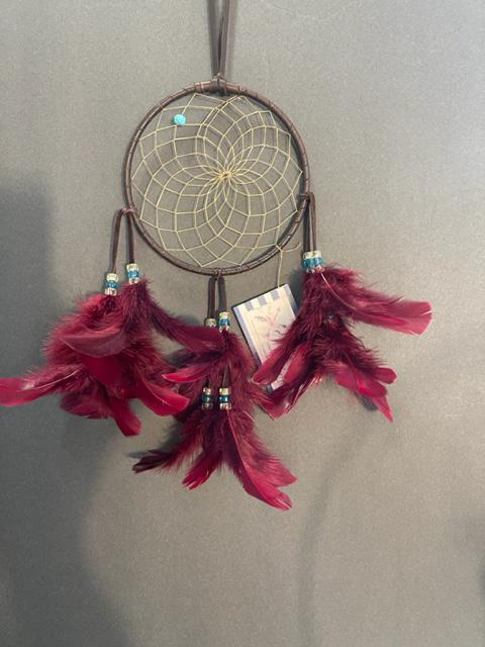 Handmade Dream Catcher: Burgundy Feathers, Turquoise Bead - Seminole ...