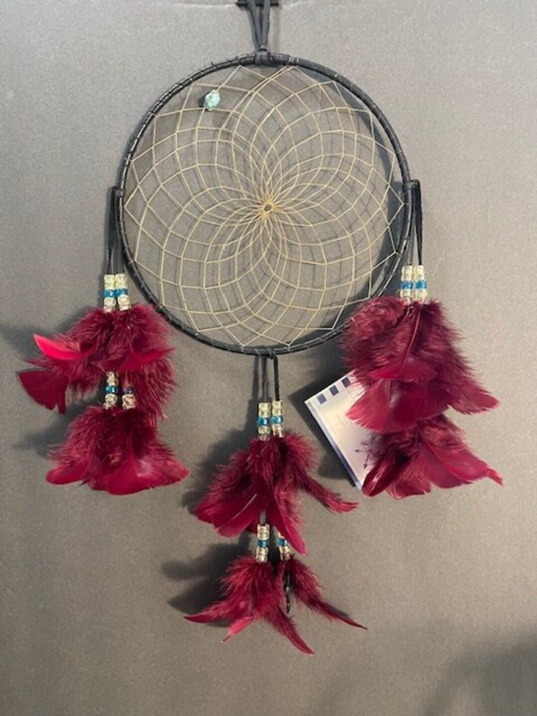 Handmade Dream Catcher: Burgundy Feathers, Turquoise Bead - Seminole ...