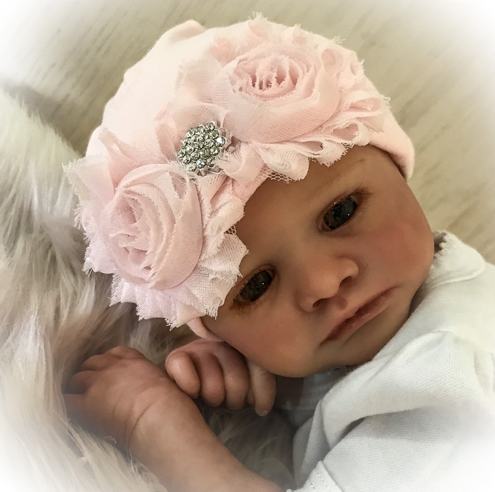 Newborn Girl Hat: Pink Shabby Chic Flowers, Rhinestone Baby Cap - Etsy