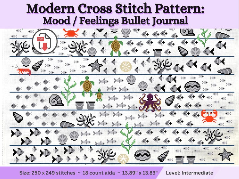 Under the Sea Cross Stitch Pattern, Colorful Fish & Shells Modern Cross Stitch Chart, Daily Mood ...