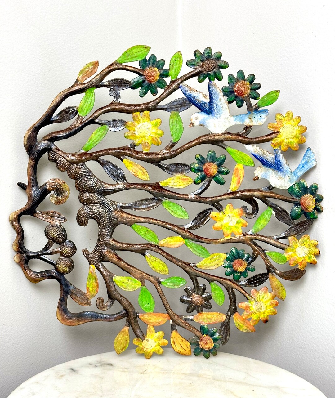 Vintage Hatian Signed Metal Art Sculpture of Birds, Flora and Woman. C ...