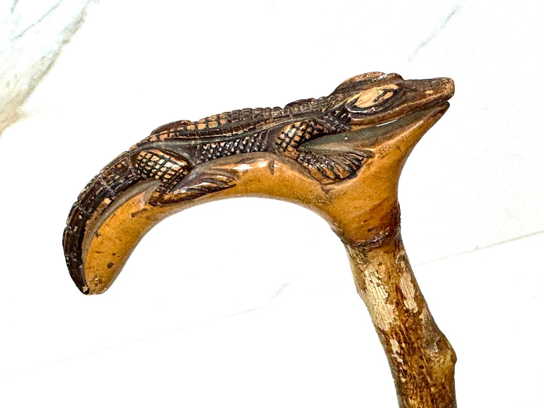 Antique Florida Folk Art Carved Wood Alligator Handle Walking Stick ...