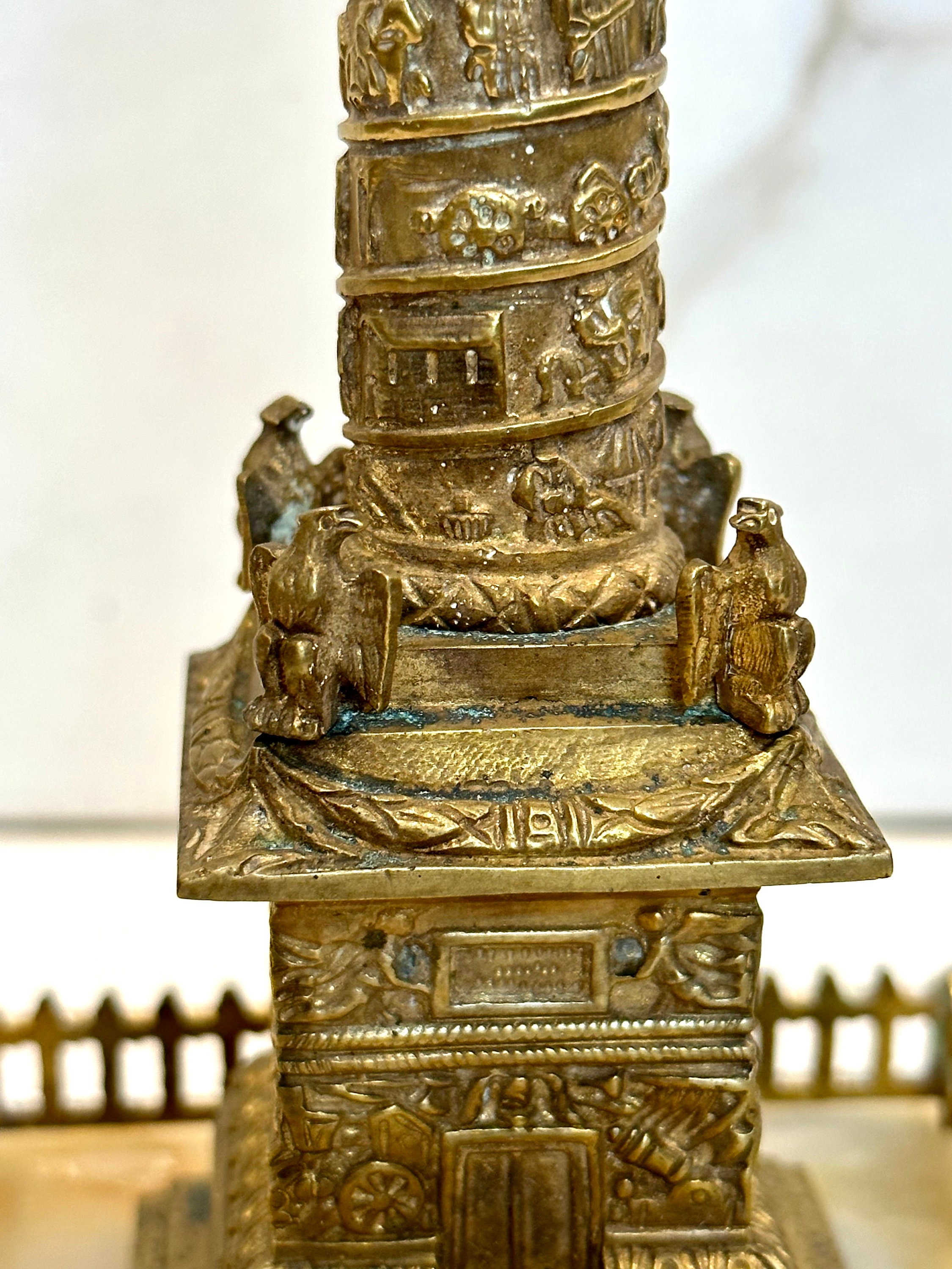19 Century Grand Tour Napoleonic Bronze Place Vendome Column on Marble ...