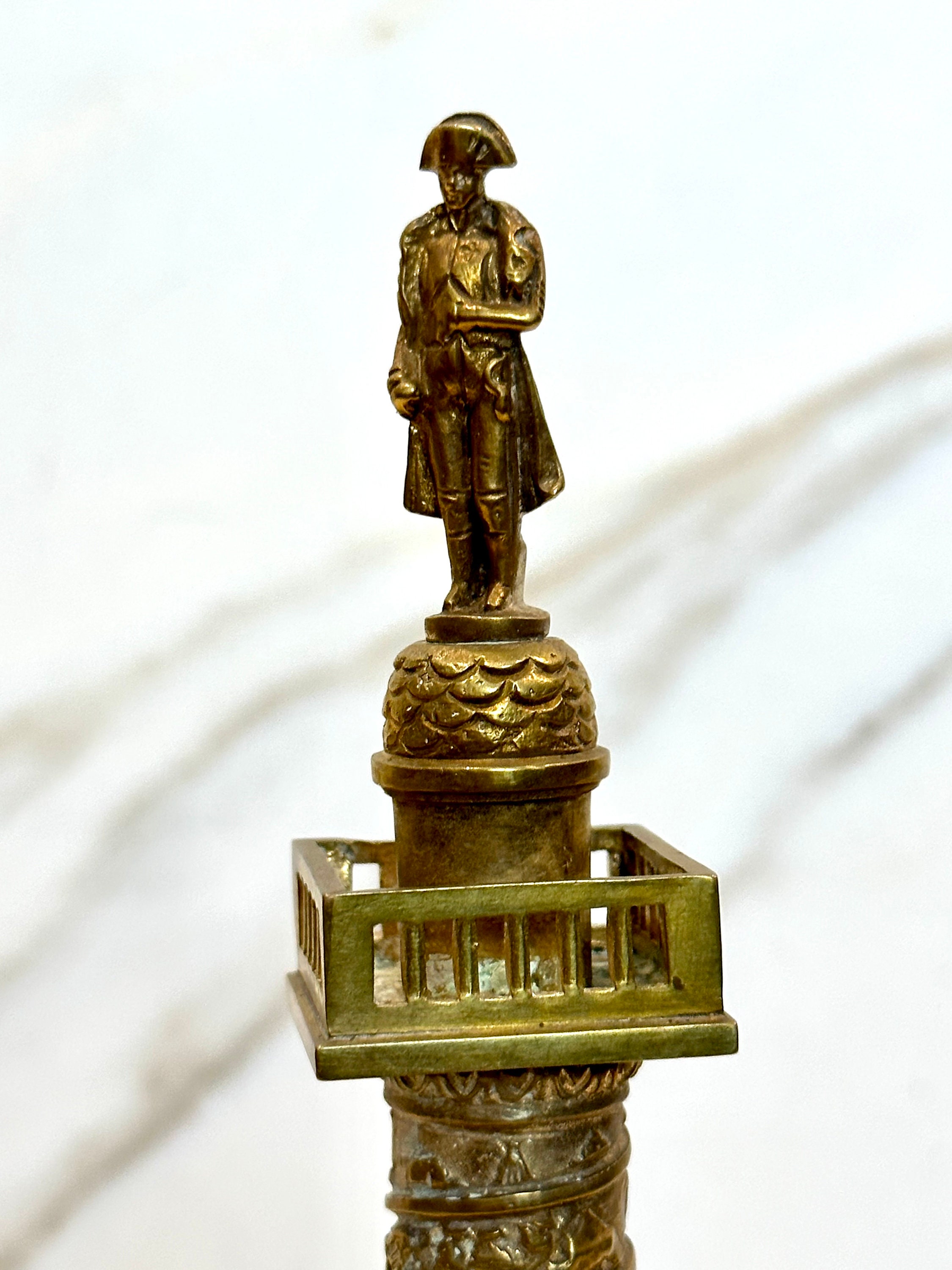 19 Century Grand Tour Napoleonic Bronze Place Vendome Column on Marble ...