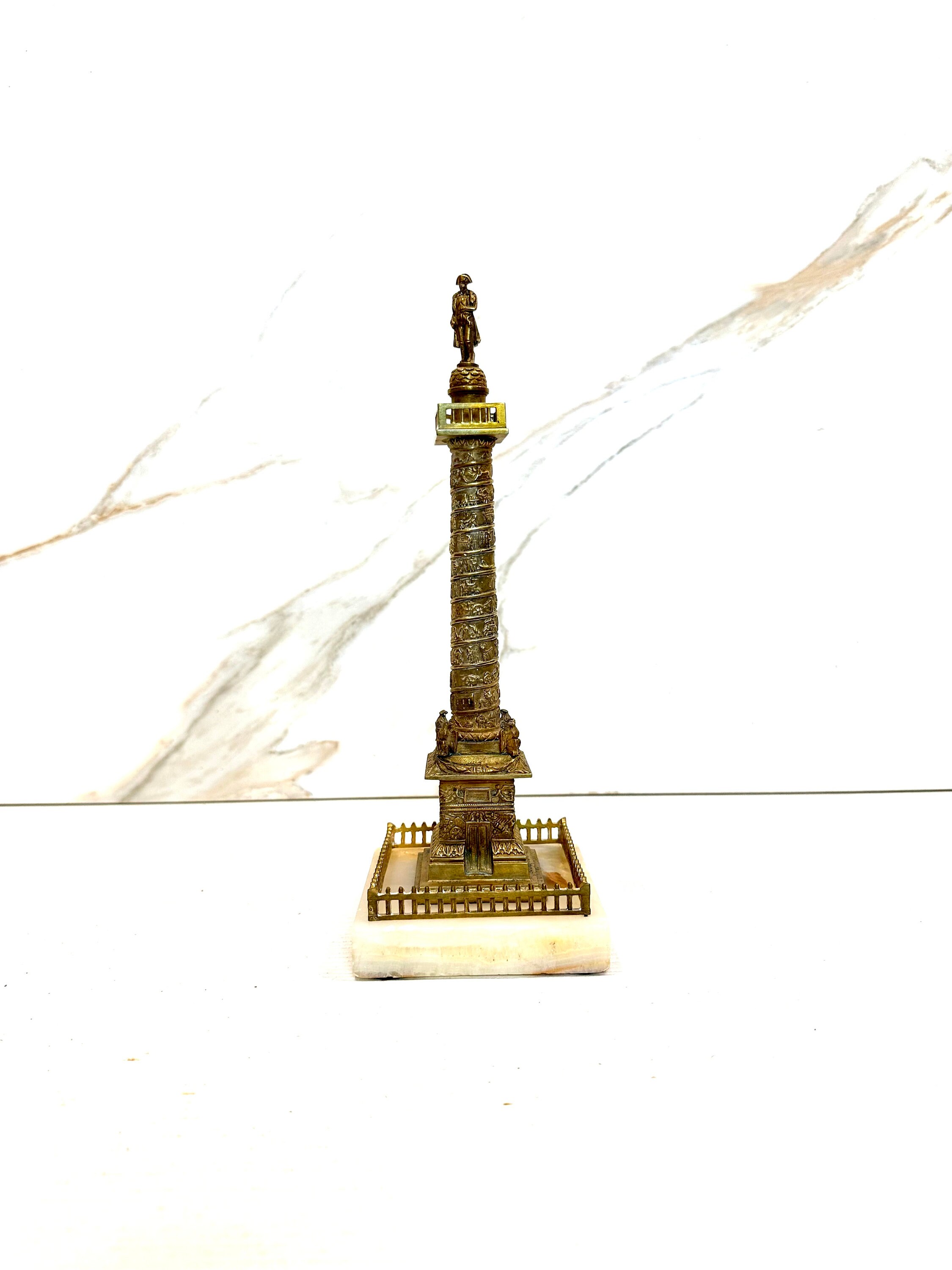 19 Century Grand Tour Napoleonic Bronze Place Vendome Column on Marble ...