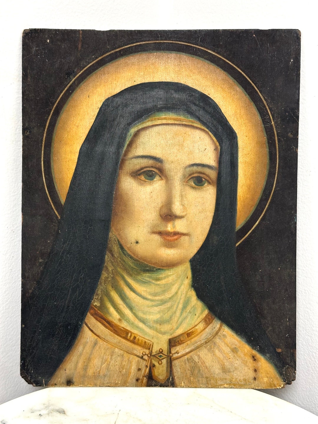 Antique Original Oil Painting of St Therese of Lisieux on Board . Turn ...