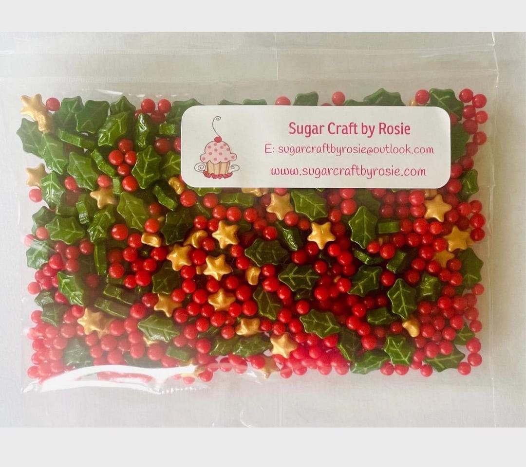 Christmas Holly & Gold Stars Sprinkle Mix Cake Sprinkles Cachous 80g ...