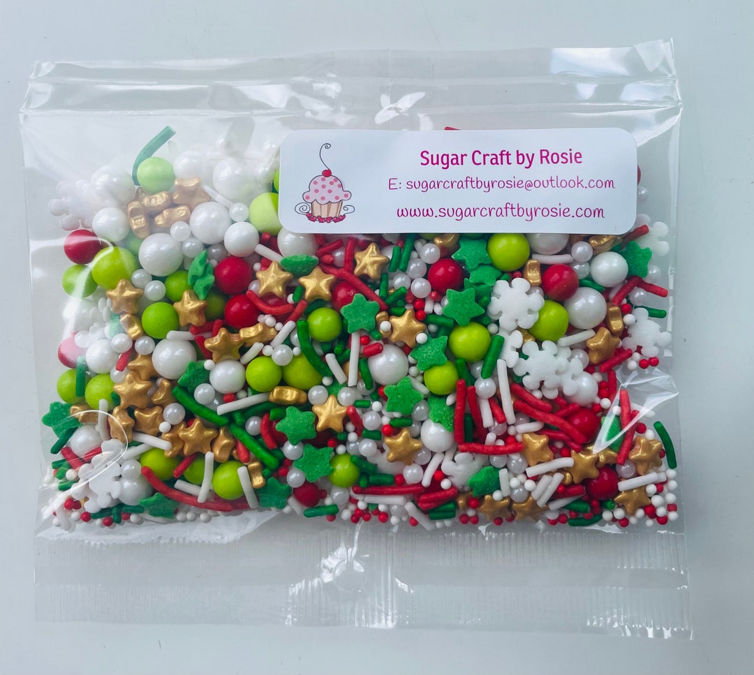 Christmas Mix Cake Sprinkles Gold Stars Cachous 80g Pack Red Green Xmas ...