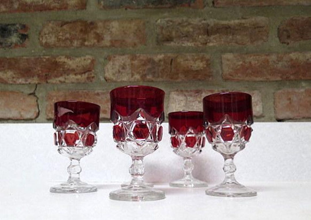 Vintage Bohemian Ruby Red Block Small Stemmed EAPG Glasses - Five ...