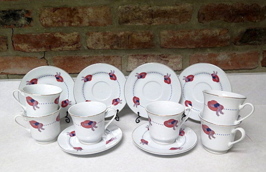 Vintage Darice Red Hat Society Gold Trim Tea Set With Six Cups and ...