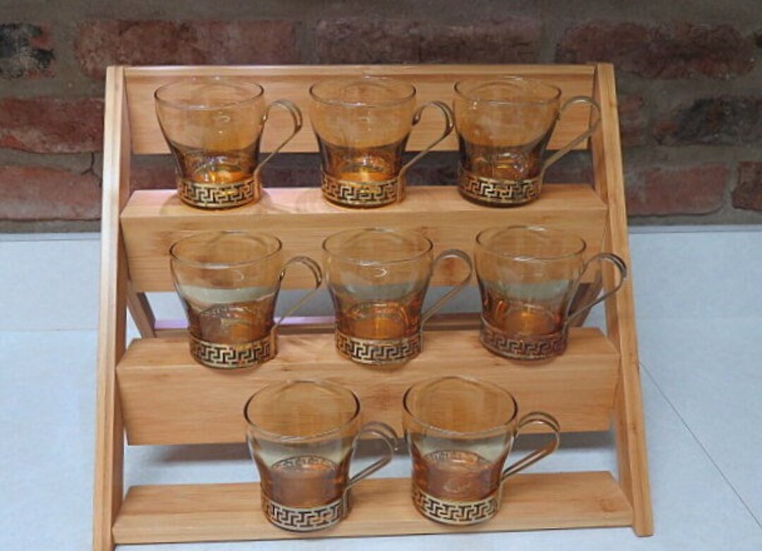 Vintage Libbey Glass Set of Eight Amber Greek Key Pattern Cups, Gift Idea, Retro Glassware ...