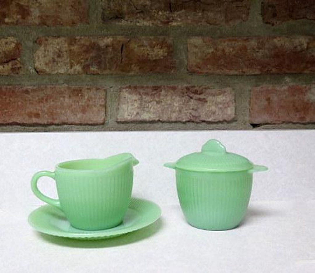 Vintage Fire King Jane Ray Jadeite Creamer and Lidded Sugar Bowl and ...
