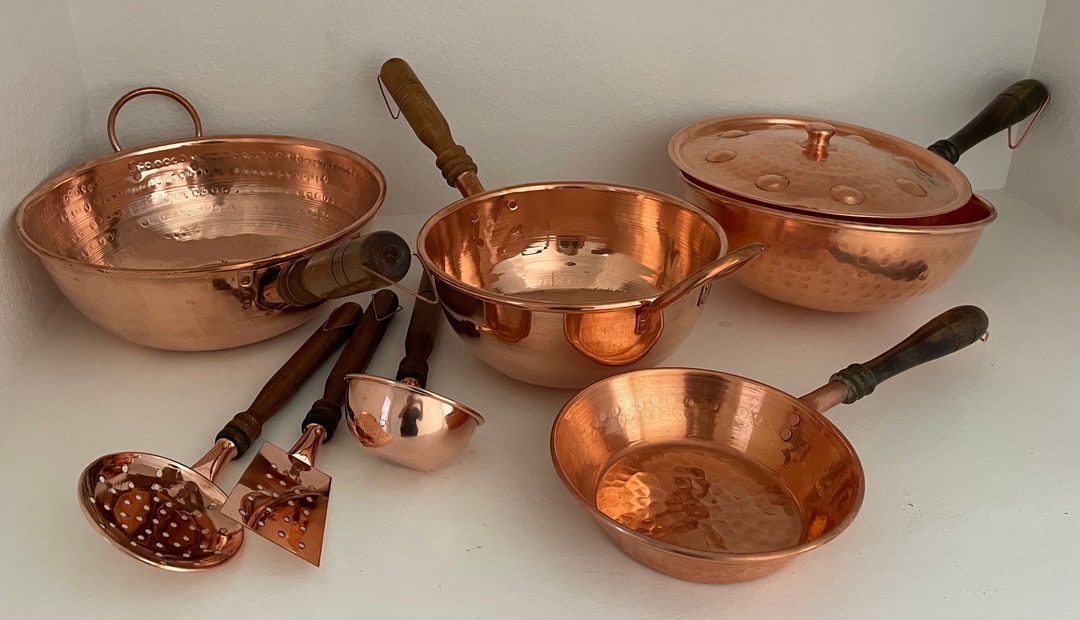 8 Piece Copper Wok, Frypan, Ladles Set With Rauli Wood Handel - Etsy