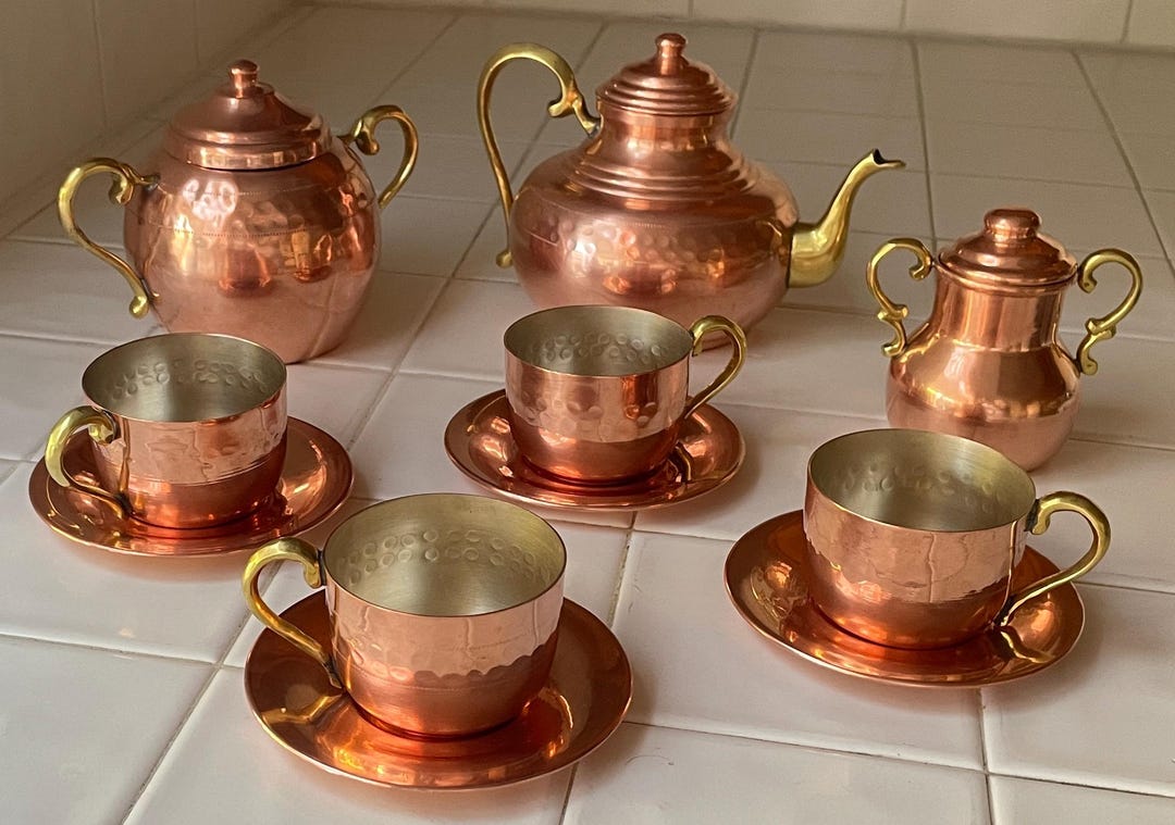 14 Piece Copper/bronze Tea Set With Cups/plates With Creamer/sugar Pots ...